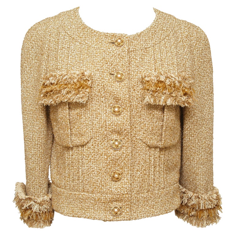 CHANEL Tweed Jacket Blazer Gold Cropped 3/4 Sleeve Pearl Buttons Sz 40 ...