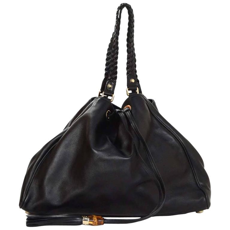 Gucci Black Leather Drawstring Tote Bag with Bamboo Tassels rt. $1,750 ...