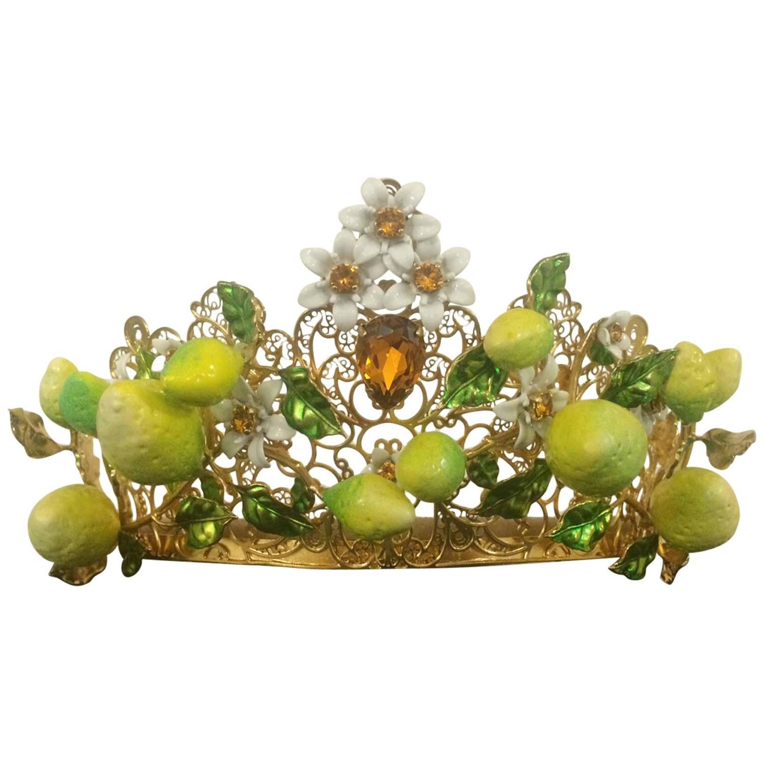 Dolce and Gabbana Spring Resort 2016 Gold Lattice Lemon Flower Tiara ...