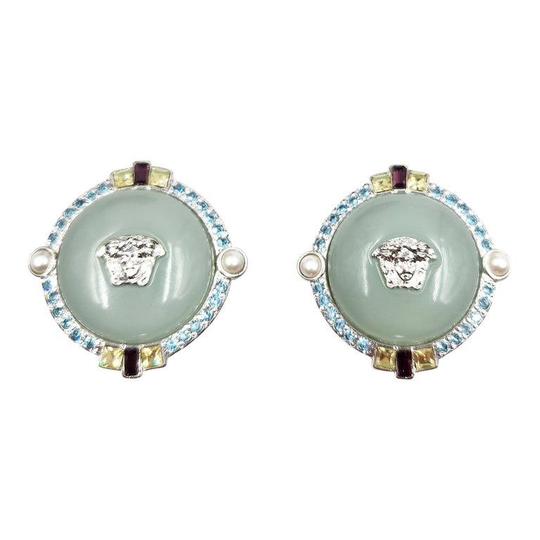 1990's Gianni Versace Vintage Silver Green enamel Rhinestone Clip On ...