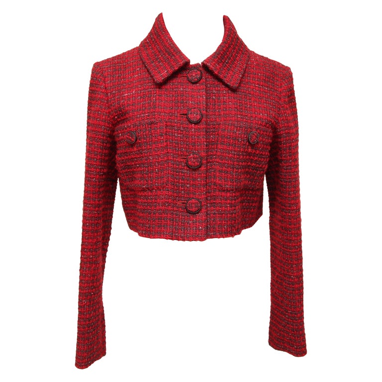 CHANEL Tweed Jacket Blazer Cropped Red Black Grey Gunmetal Long Sleeve ...