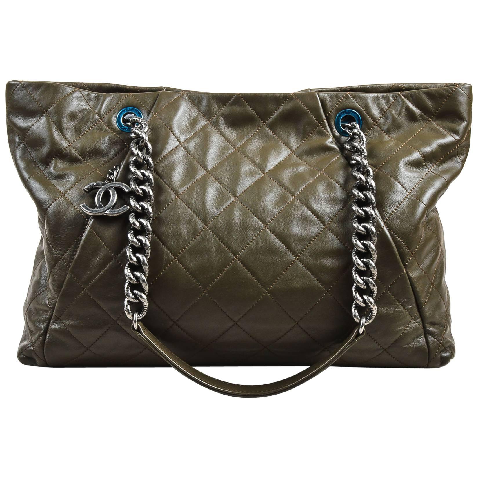 Chanel Olive Green Lambskin Leather Quilted "Coco Pleats" Shopping Tote ...