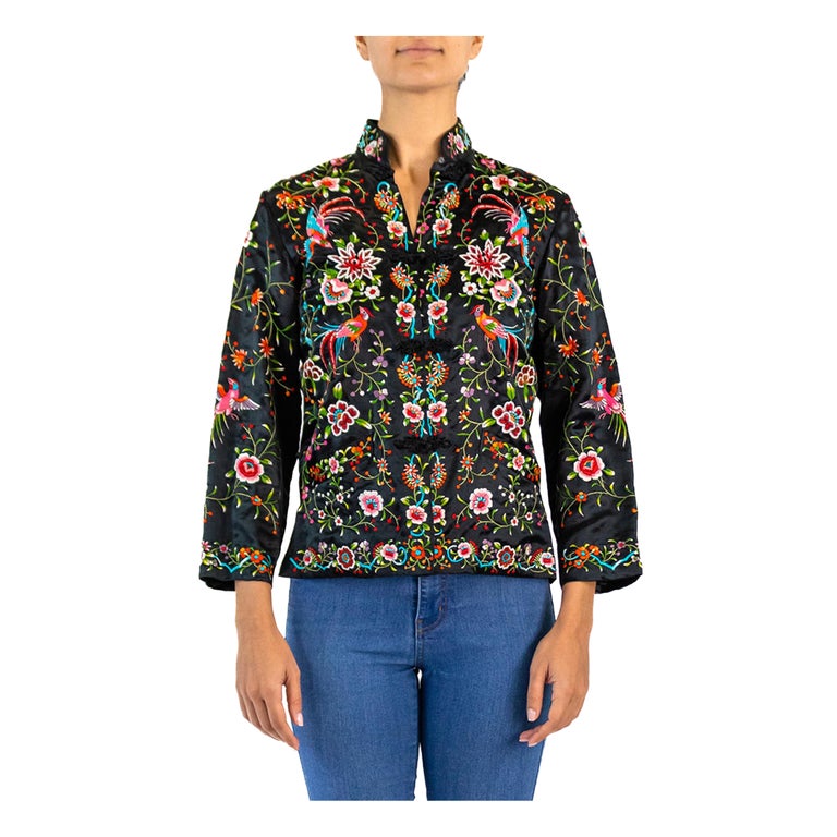 1940S Black Silk Satin Jacket Hand Embroidered With Birds and Flowers ...
