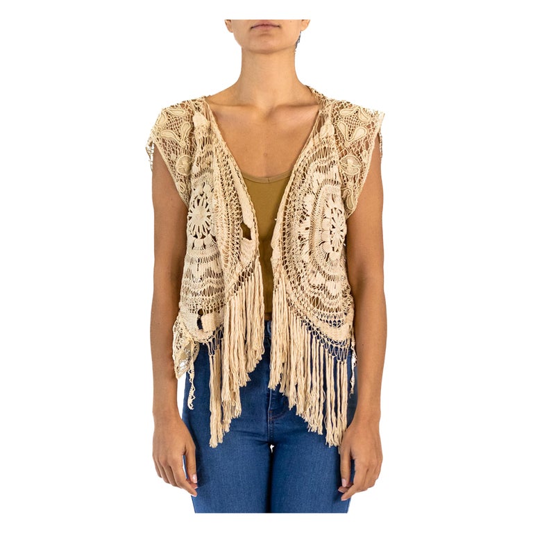 Edwardian Cream Hand Crochet Cotton Cardigan With Fringe For Sale at ...