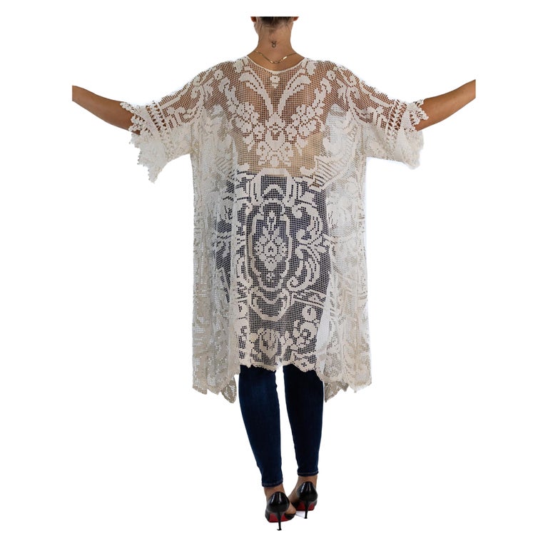1920S Cream Cotton Hand Made Filet Lace Duster For Sale at 1stDibs