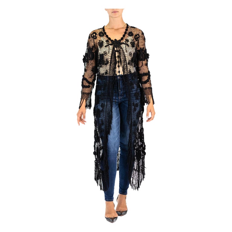 Victorian Black Hand Crochet Linen and Cotton Antique Lace Long Duster ...