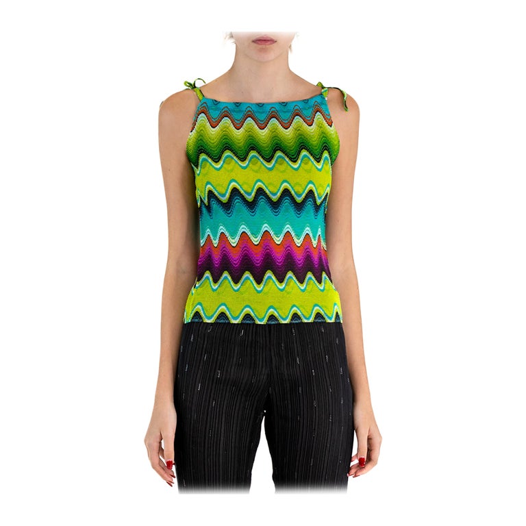 1990s Issey Miyake Multicolor Green Polyester Double Pleated Zig Zag