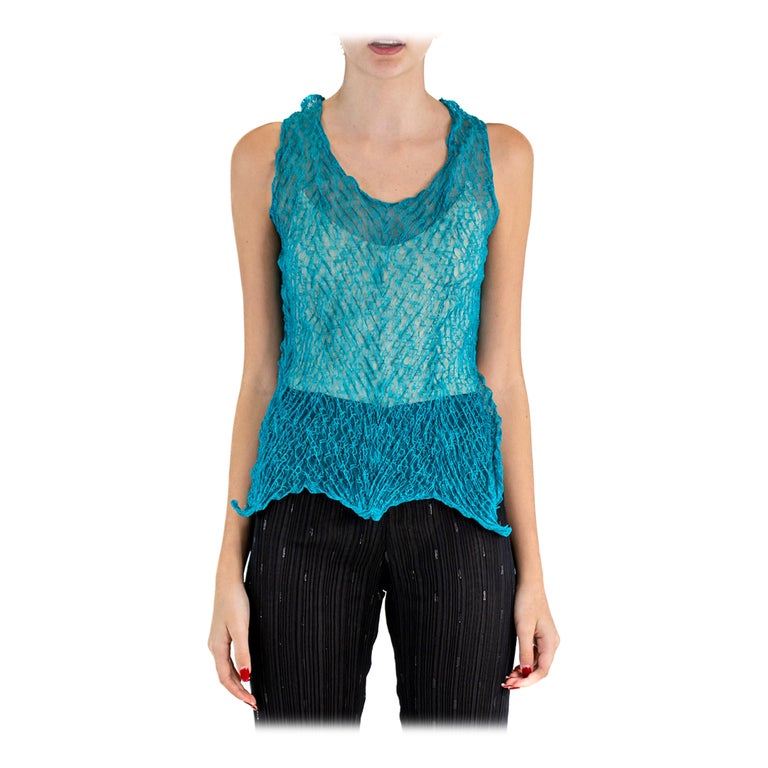 1990S ISSEY MIYAKE Teal Sheer Polyester Lace Crinkle Tank Top For Sale ...