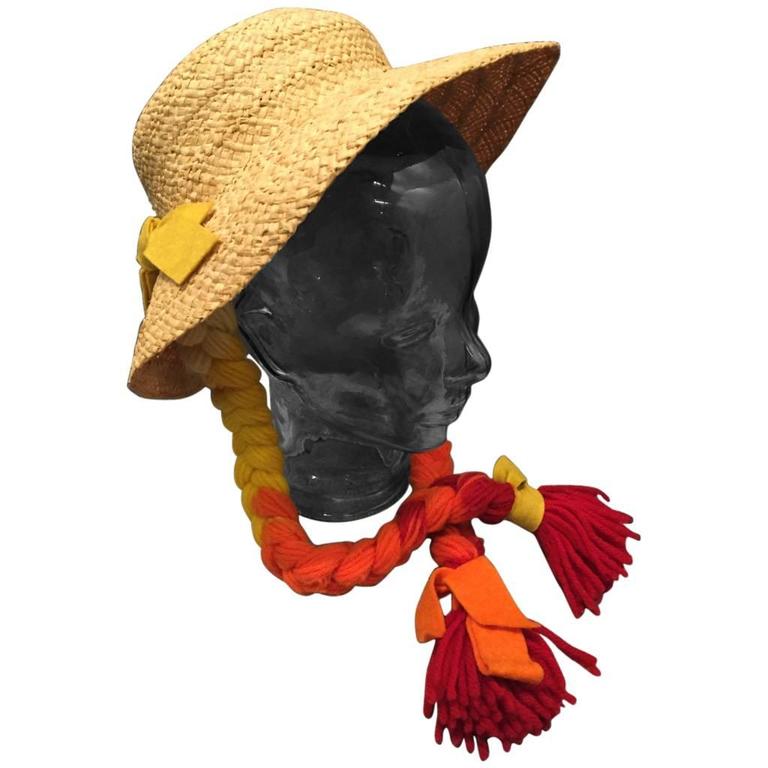 1960s Mr. Kenneth Straw Beach Hat w Red, Orange and Yellow Ombré Yarn ...