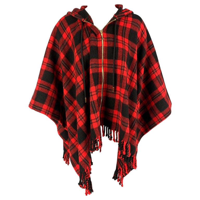 KATE SPADE Size One Size Red Black Wool Blend Plaid Zip Up Cape For ...