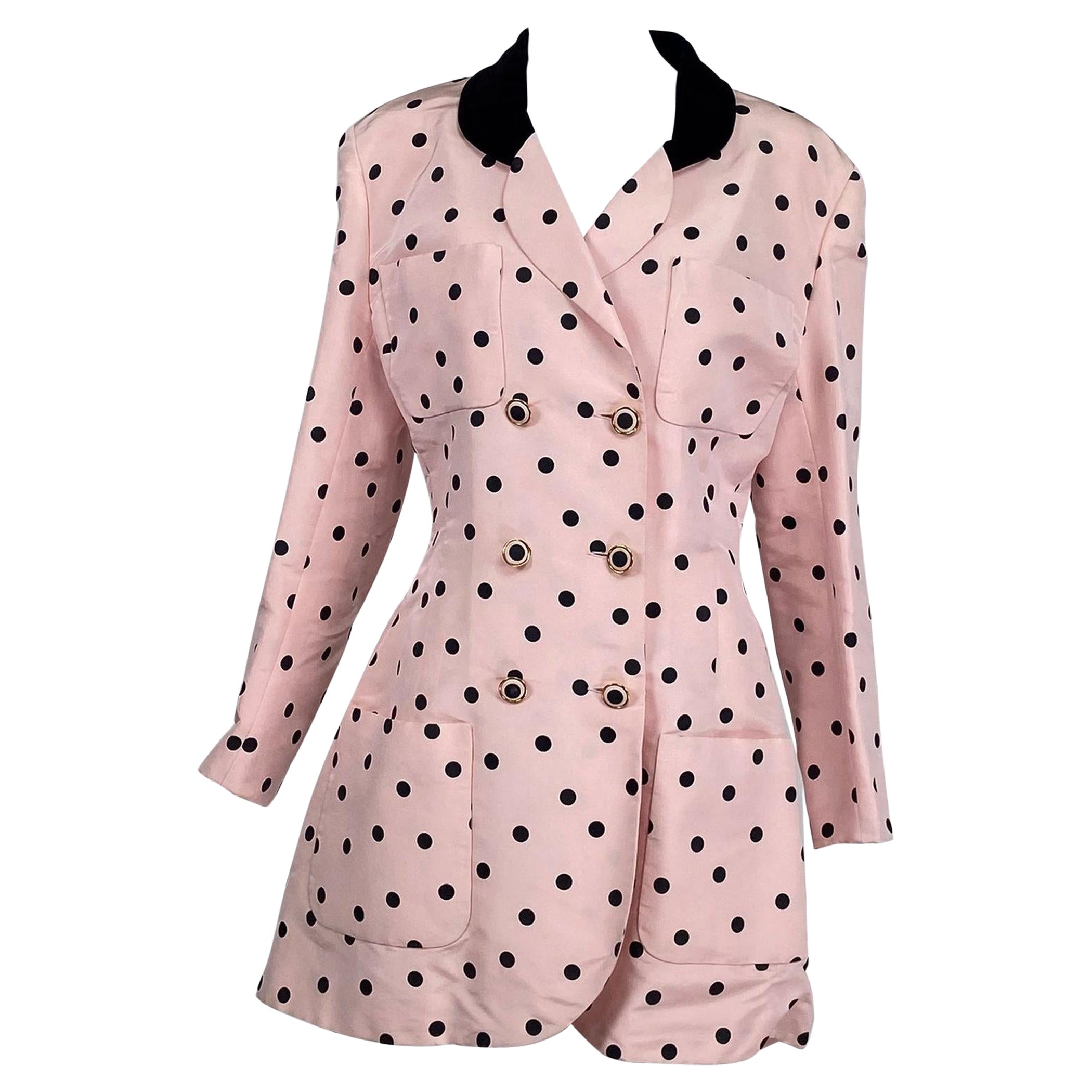 Chanel Fitted Silk Faille Pink and Black Dot Jacket 1990s For Sale at ...