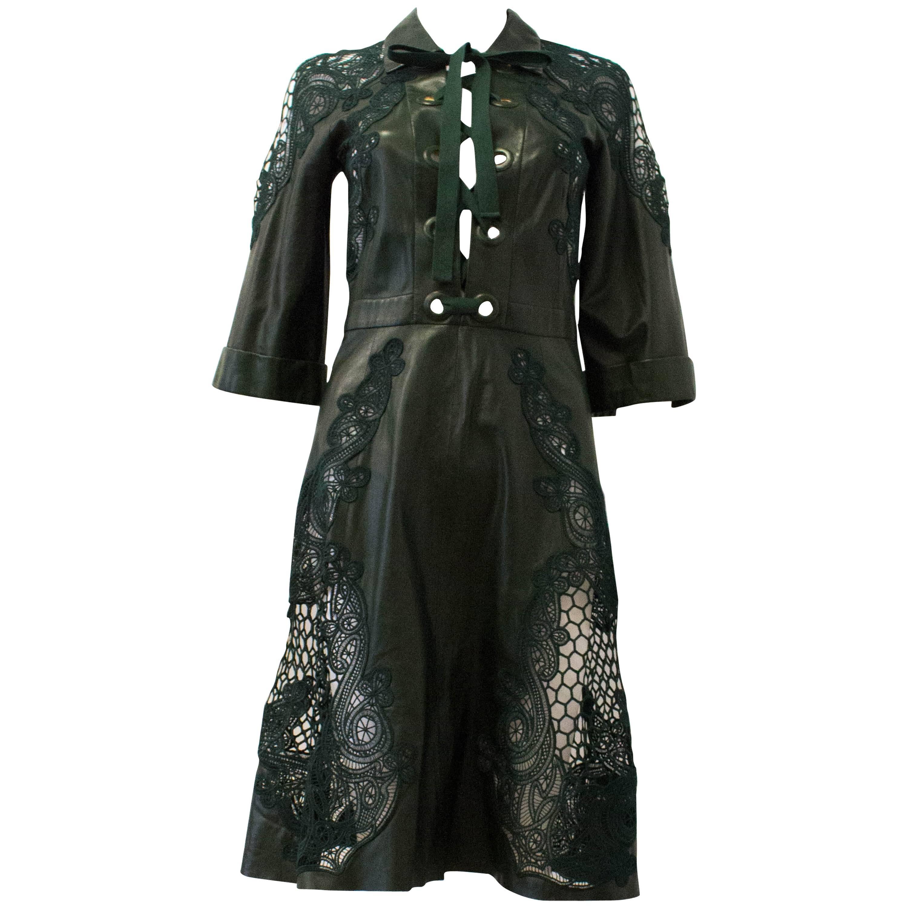 Gucci Green Leather and Lace Eyelet Lace-up Dress S/S 15 at 1stDibs