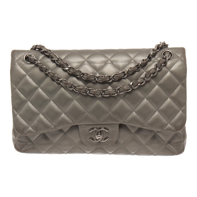 Chanel Grey Leather Large Double Flap Shoulder Bag For Sale at 1stDibs