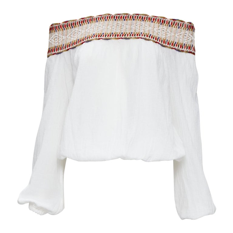 TORY BURCH white crinled cotton multi wool tweed band off shoulder top ...