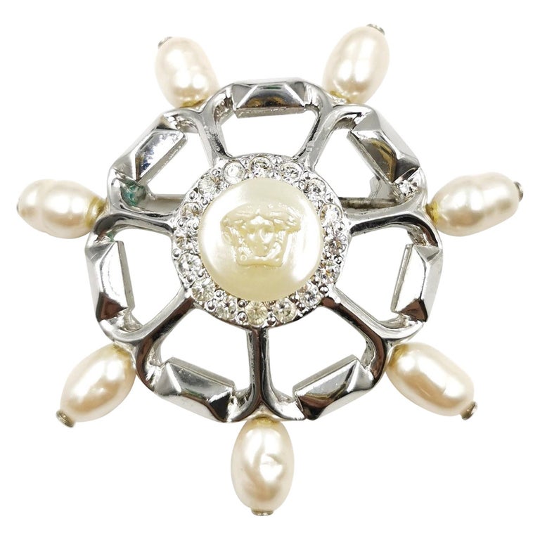 1990's Gianni Versace Silver Ridder Helm Pearl Medusa Brooch Pin RARE ...