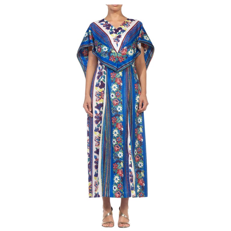 1970S Blue and White Poly Blend Floral Stripe Print Dress With Caplet ...