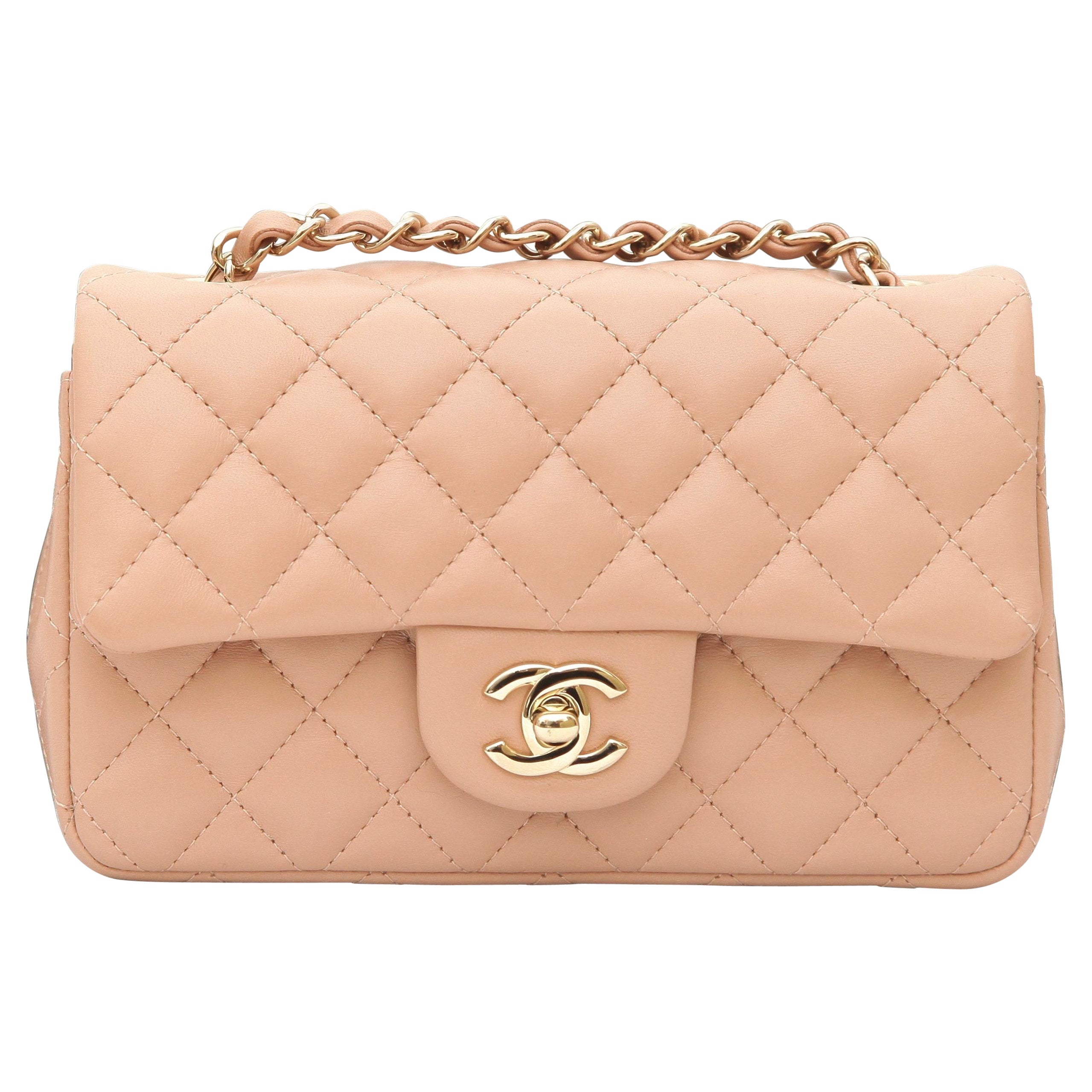 CHANEL Mini Shoulder Bag Flap BEIGE Lambskin Leather Gold HW Classic ...
