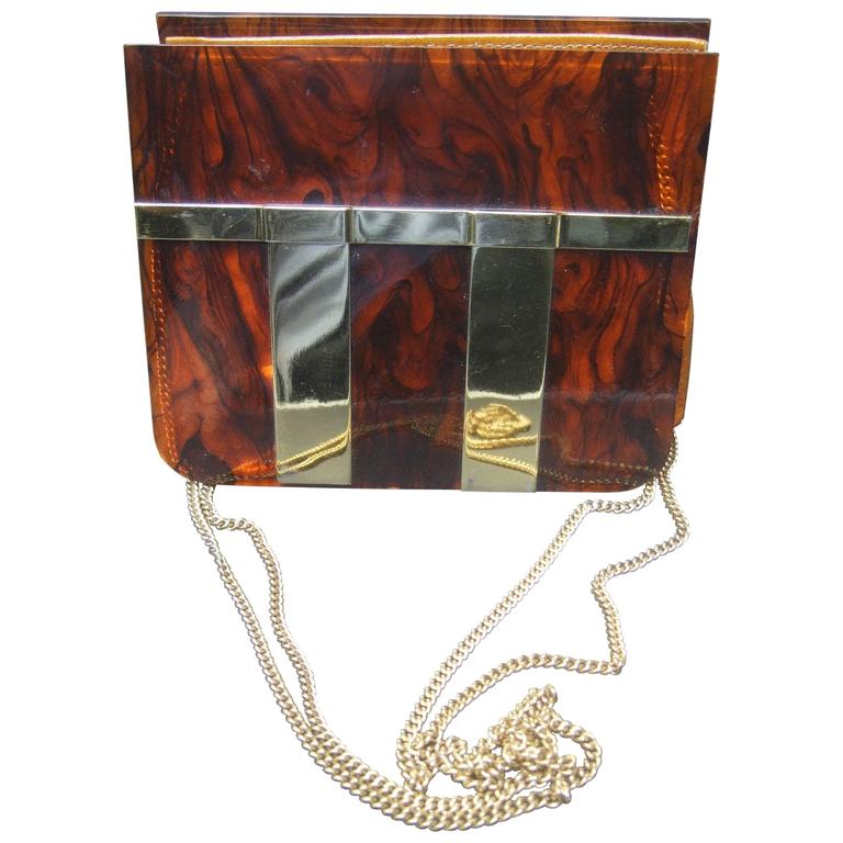 Sleek Tortoise Shell Lucite Gilt Trim Diminutive Handbag c 1970 at 1stDibs