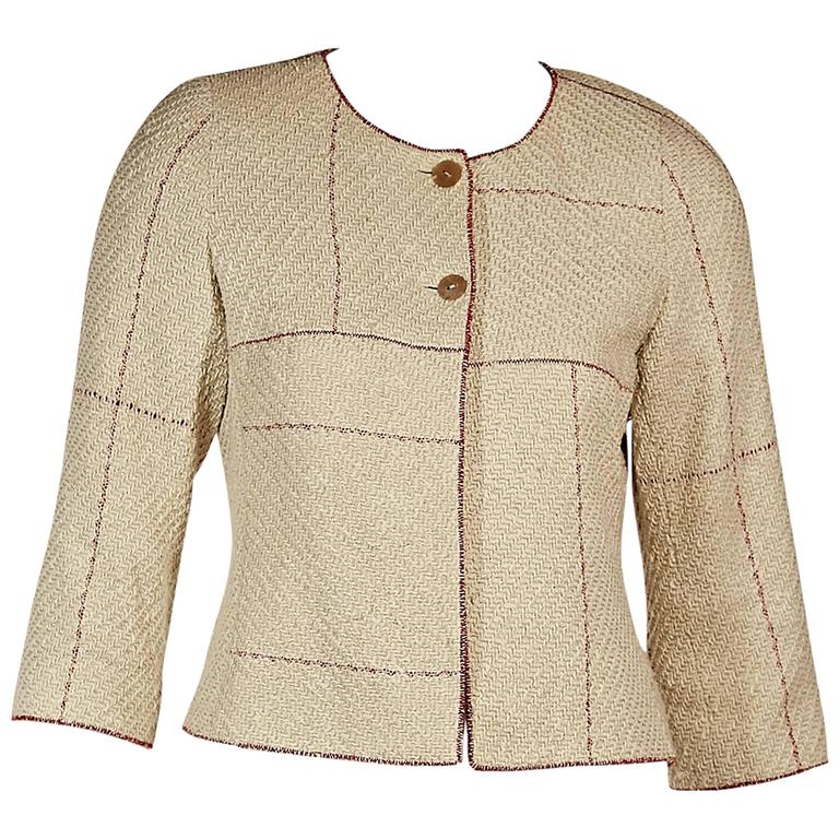 Beige and Red Chanel Windowpane Jacket at 1stDibs