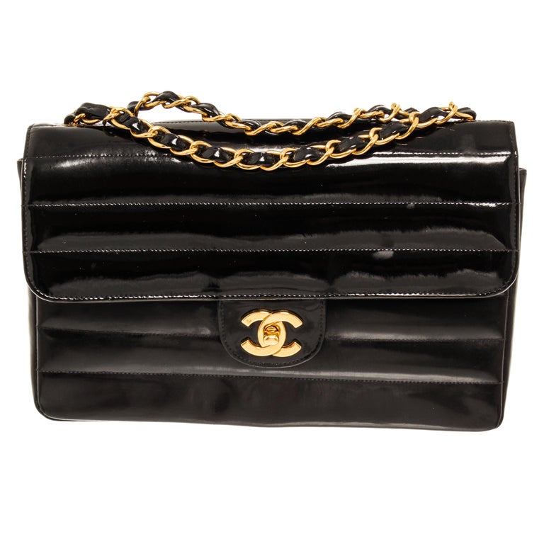 Chanel Black Horizontal Patent Leather Flap Bag For Sale at 1stDibs