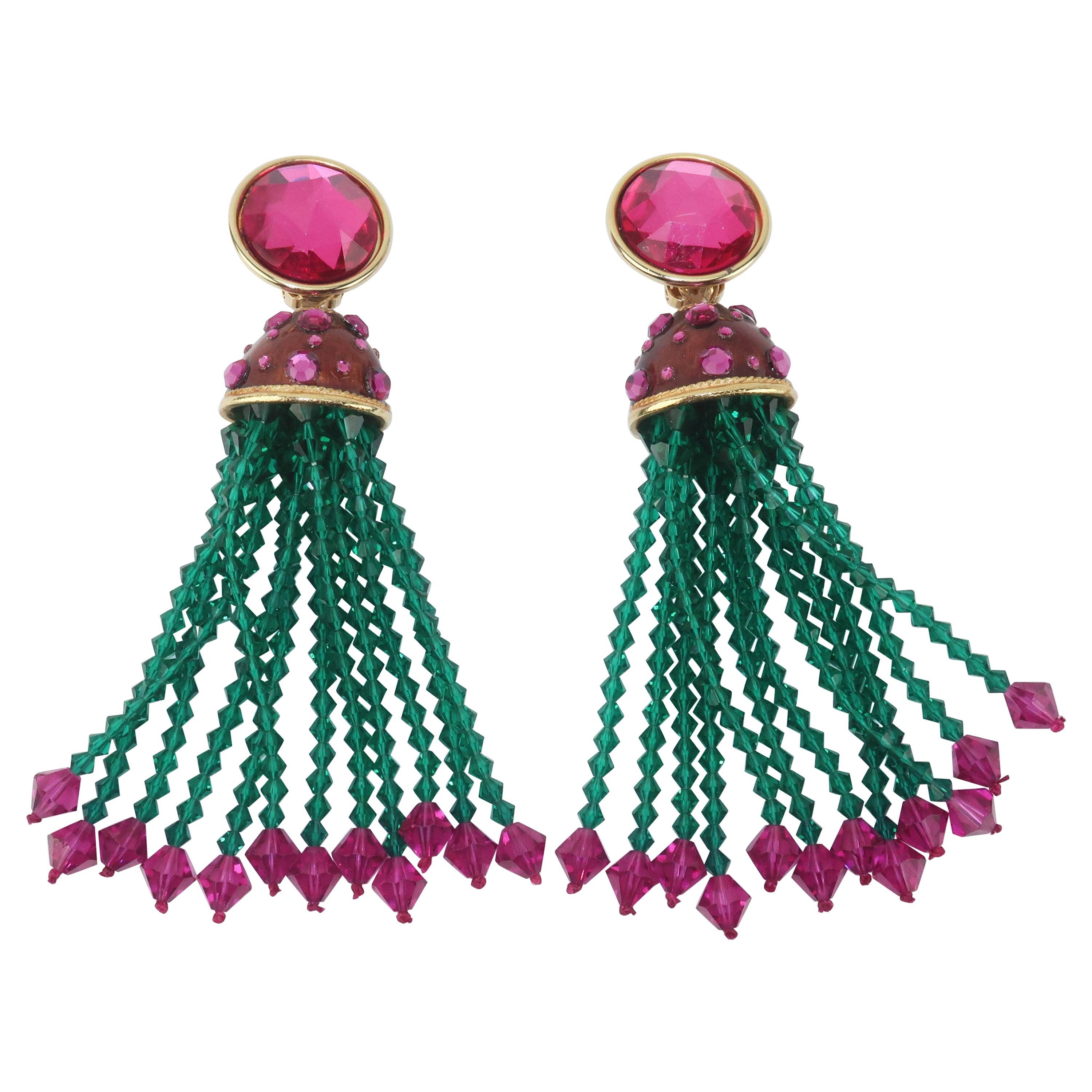 Pink and Green Beaded Tassel Earrings, 1980’s at 1stDibs