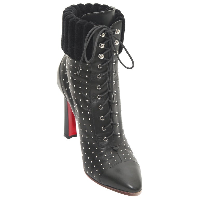 CHRISTIAN LOUBOUTIN Black Leather Ankle Boot Silver Studs Lace Up Toe Sz 38.5 For Sale at 1stDibs