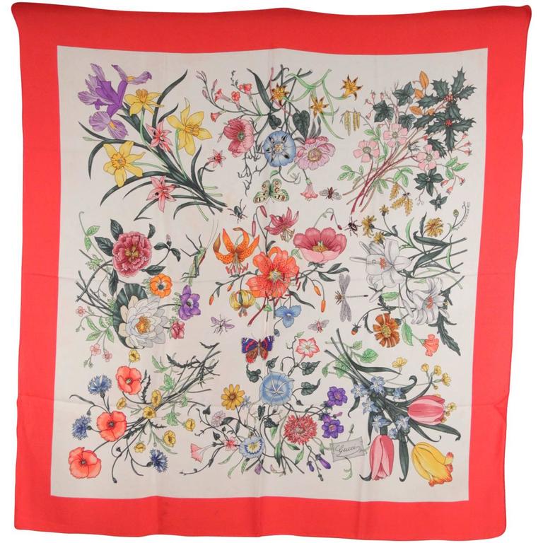 GUCCI VINTAGE FLORA SCARF Accornero FLOWERS Red Border For Sale at ...