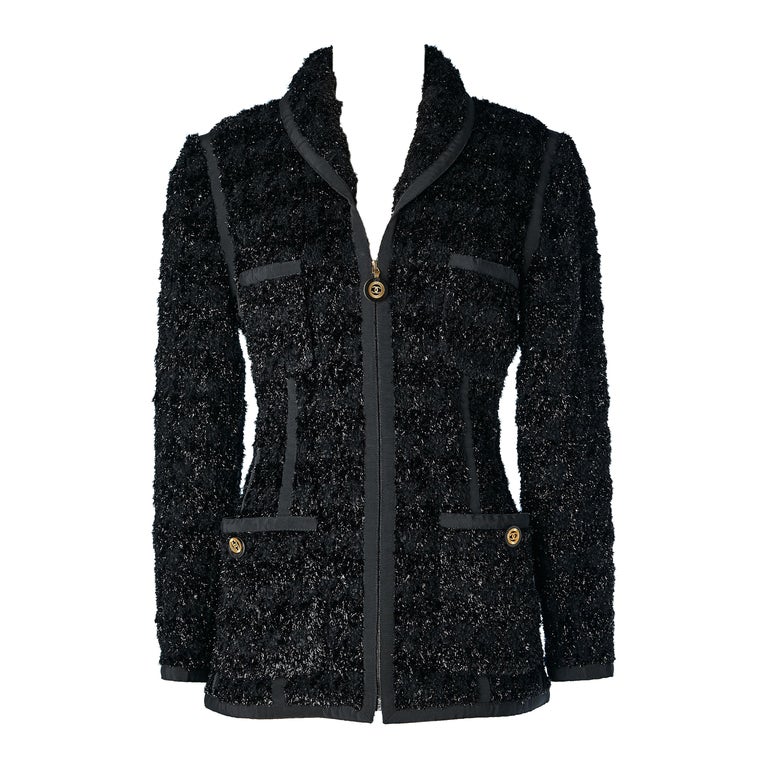 Black lurex tweed evening jacket with zip in the middle front Chanel Boutique For Sale at 1stDibs