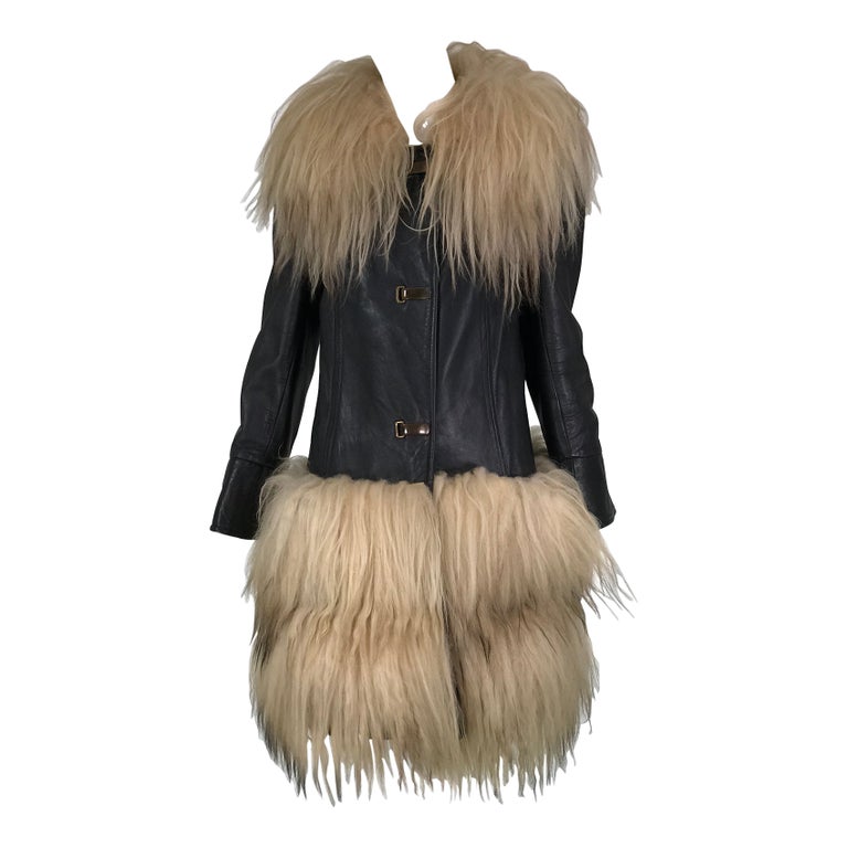1960s Black Leather and Goat Hair Bohemian Coat For Sale at 1stDibs