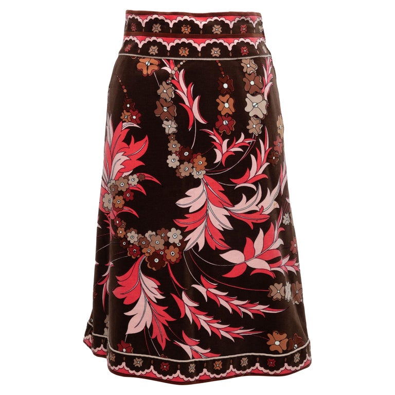 Emilio Pucci Brown and Multicolor Velvet Floral Print Skirt For Sale at ...