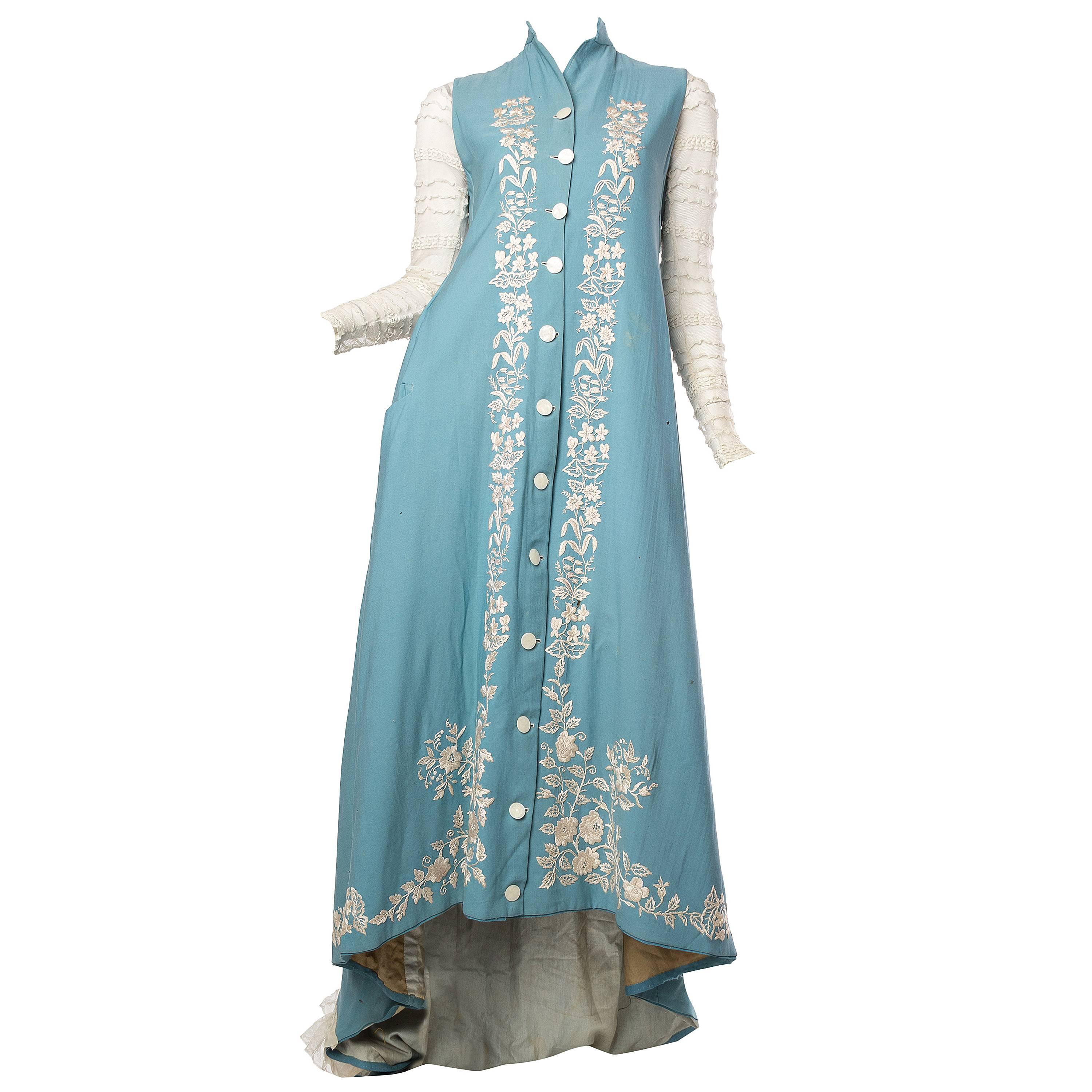 Amazing Victorian Embroidered Wool Dress with Lace Train and Sheer Net ...