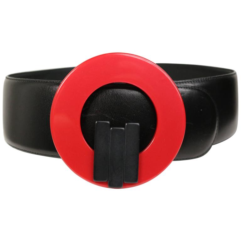 Charles Jourdan Red Buckle Black Leather Belt For Sale at 1stDibs ...