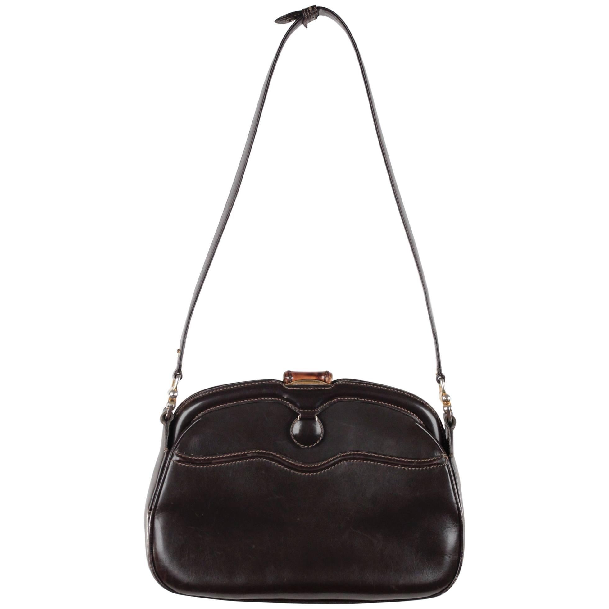 GUCCI VINTAGE Brown Leather HANDBAG Handbag w/ BAMBOO Closure RARE at ...