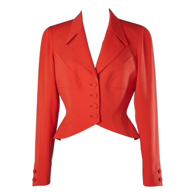 Red wool single breasted jacket with cut-work Thierry Mugler For Sale ...