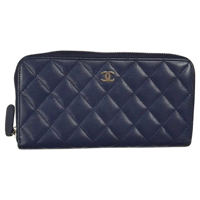 Chanel Navy Blue Quilted Lambskin Leather L Gusset Zip Wallet For Sale ...