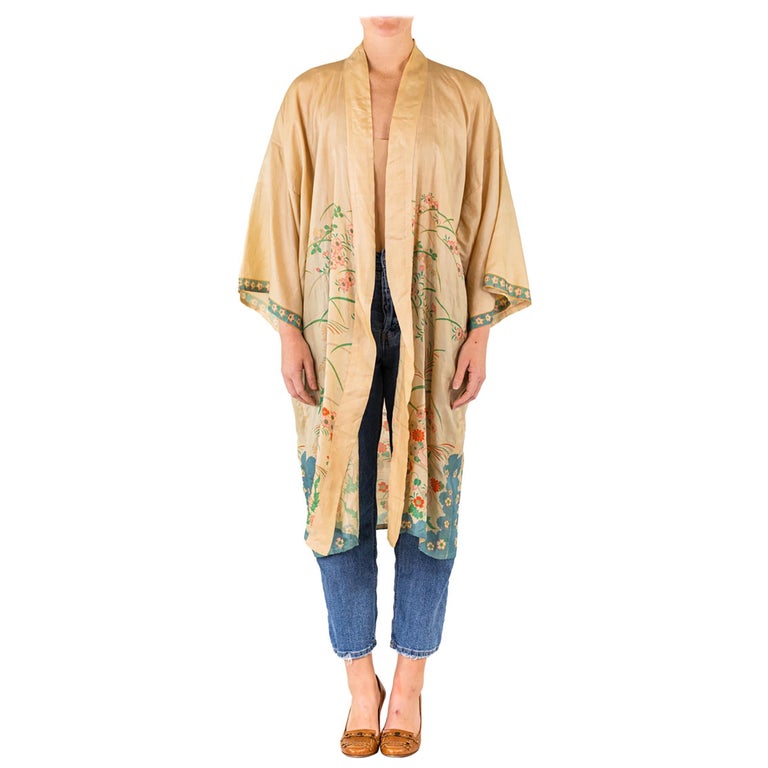 1920S Ecru and Blue Silk Floral Lightweight Kimono For Sale at 1stDibs