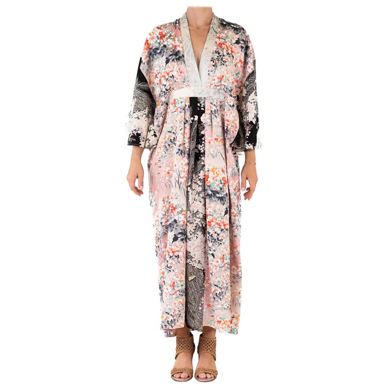 MORPHEW COLLECTION Floral Print and Black Japanese Kimono Silk Kaftan ...