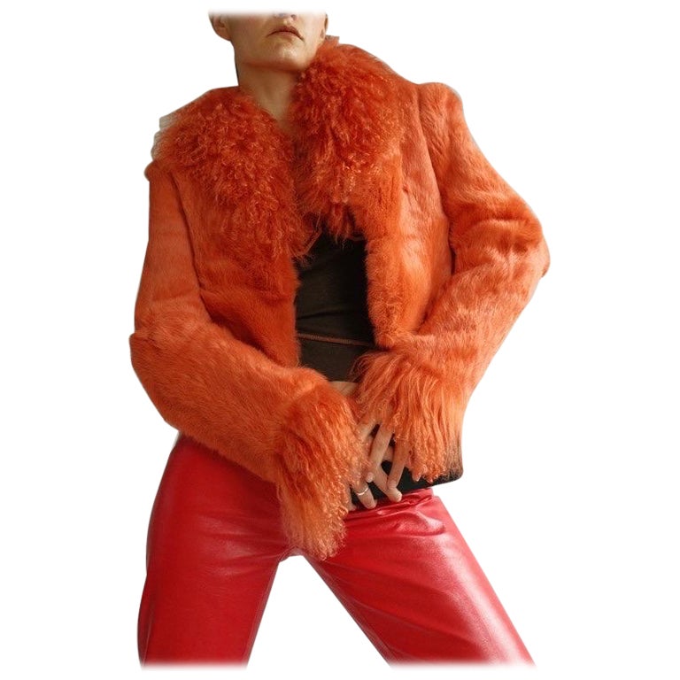 Orange rabbit fur cropped Jacket with Mongolian Goat Trim Penny Lane ...