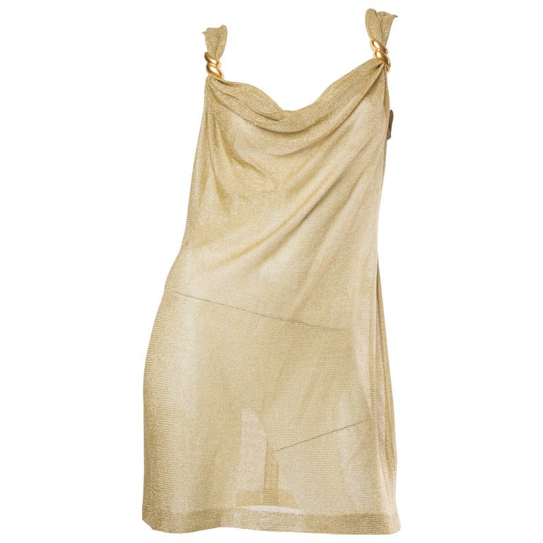 1980S Metallic Gold Lamé Rayon and Lurex Knit Sheer Cowl Neck Mini ...