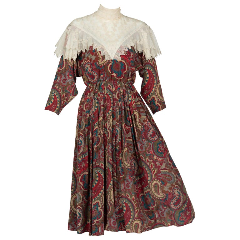 Chloe Karl Lagerfeld Boteh Dress High Neck Lace Inset, 1981 For Sale at ...