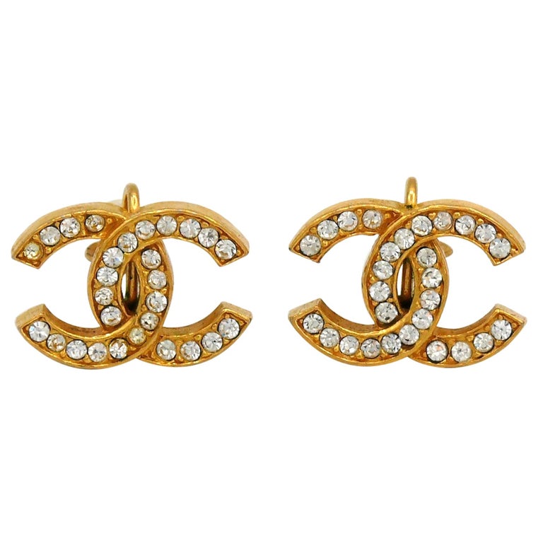 CHANEL Vintage Gold Tone Jewelled CC Clip-On Earrings For Sale at 1stDibs