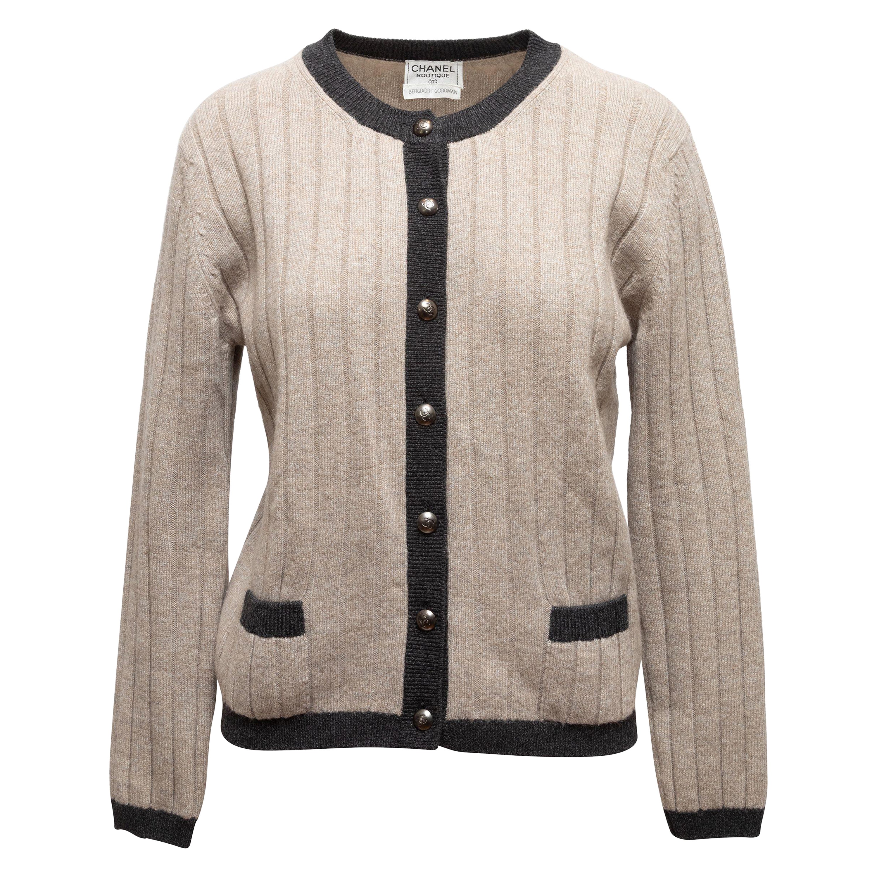Chanel Boutique Beige and Charcoal Rib Knit Cardigan For Sale at 1stDibs