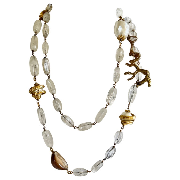Rock Crystal, Bronze, and Shell French Sautoir Necklace For Sale at 1stDibs