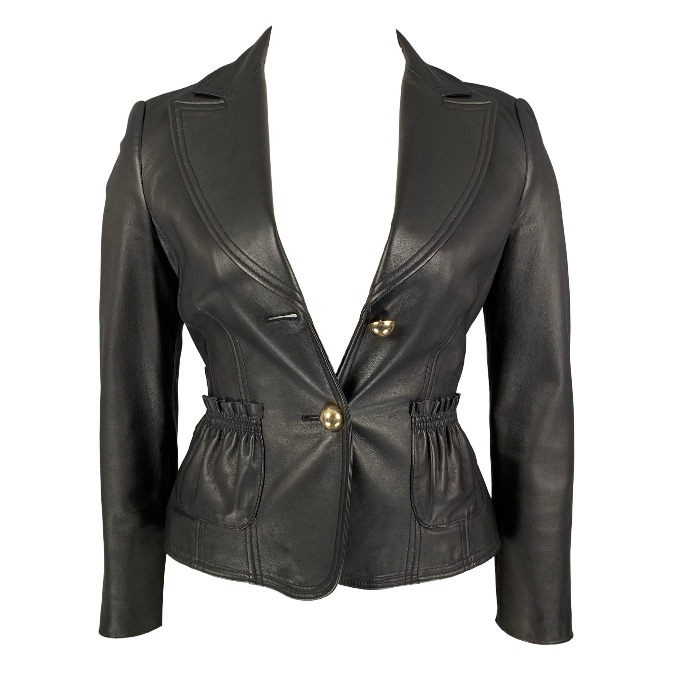 FERAUD Size 8 Black Leather Single Breasted Jacket For Sale at 1stDibs
