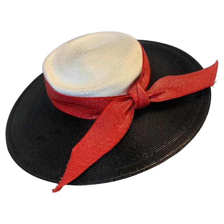 1970s Frank Olive Wide Brim Fedora in Black and White w Red Straw Bow ...