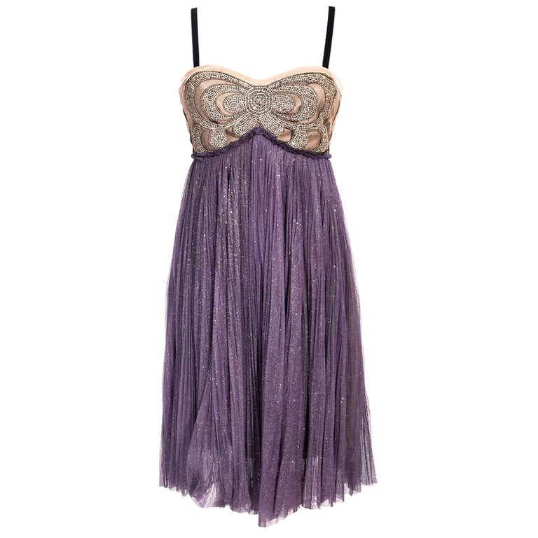 A/W 2005 Lanvin Crystal Bodice Pleated Tulle Slip Dress For Sale at 1stDibs