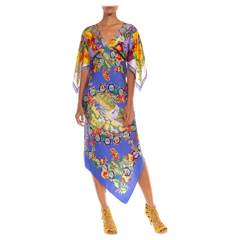 MORPHEW COLLECTION Blue and Lavender Floral Status Print Silk Two Scarf ...