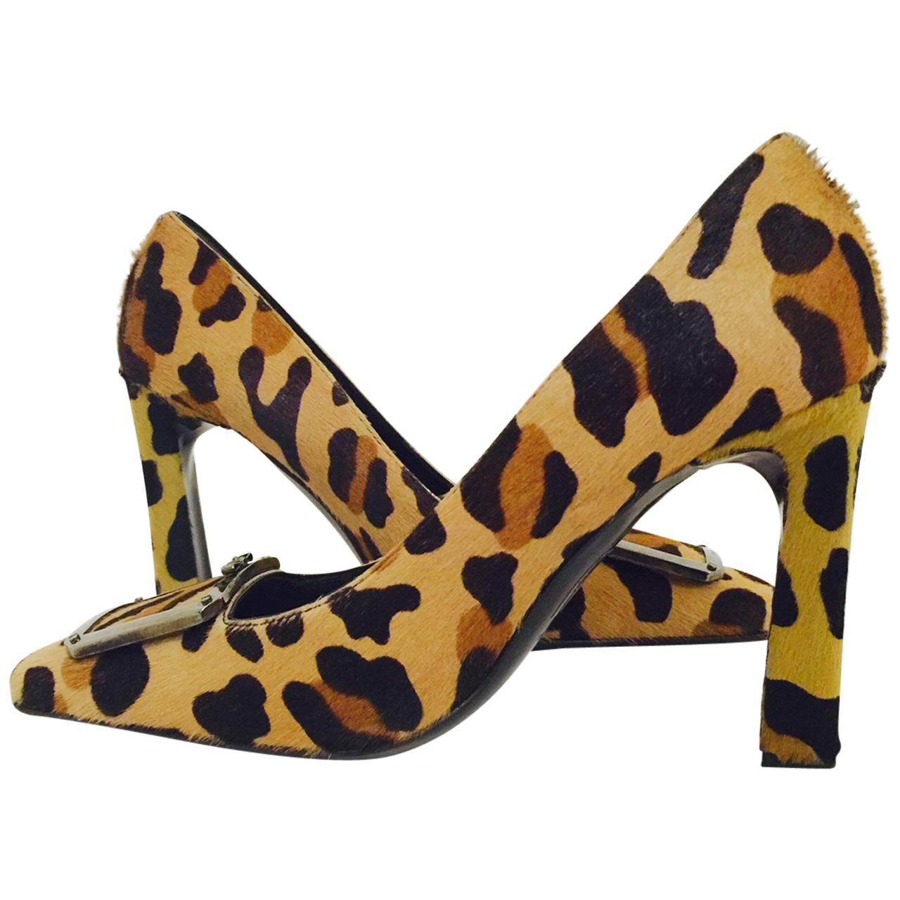 Prada Leopard Print Pony Skin Square Toe Pumps With Stacked Heels at ...
