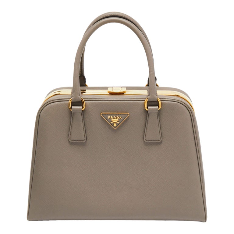 Prada Grey Saffiano Lux Leather Pyramid Frame Satchel For Sale at 1stDibs