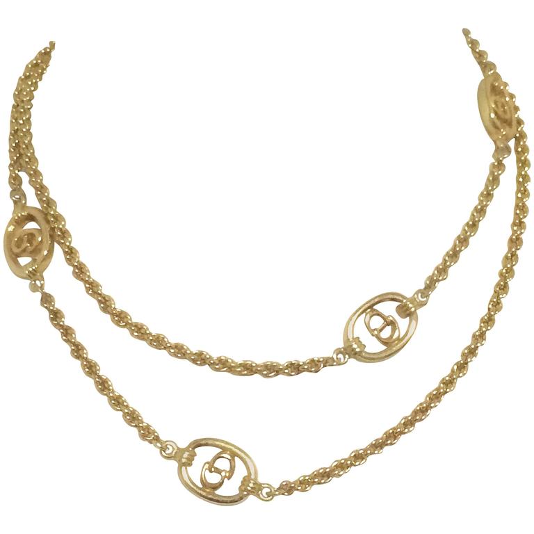 Vintage Christian Dior golden long chain long necklace with CD charms ...